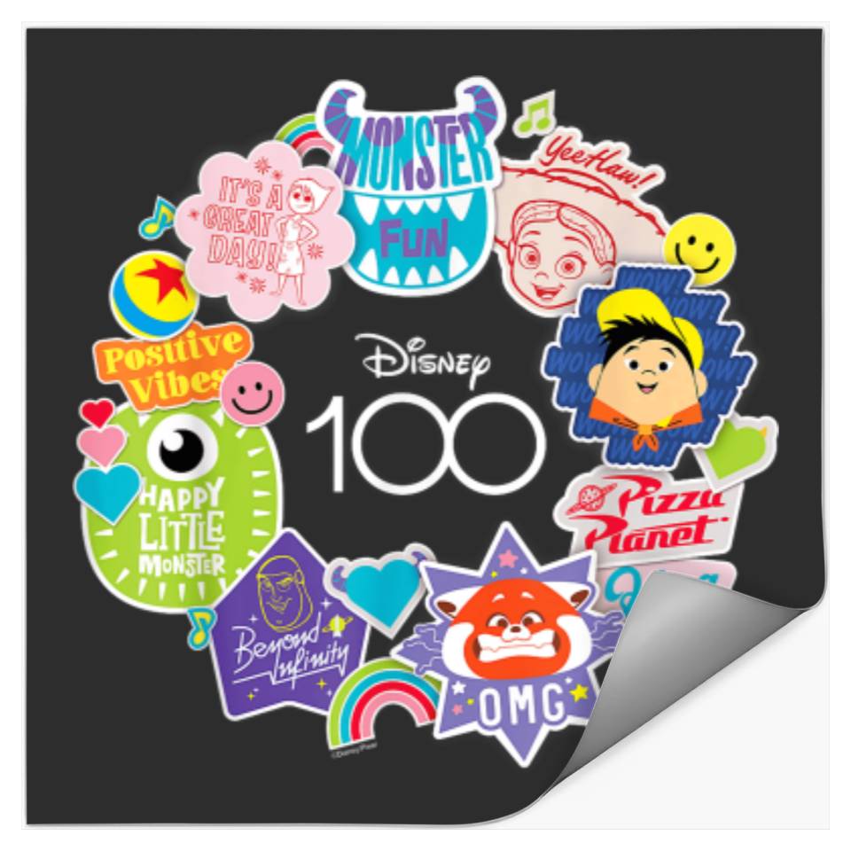 2" x 2" Black Disney 100 Pixar Happy Faces Sticker Circle D100 Stickers