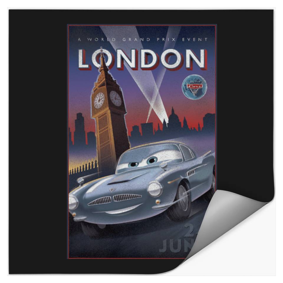 2" x 2" Black Disney Pixar Cars Finn McMissile London Retro Poster Stickers